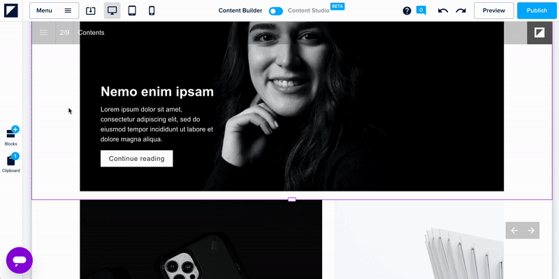 Pages, blocks, columns, and elements